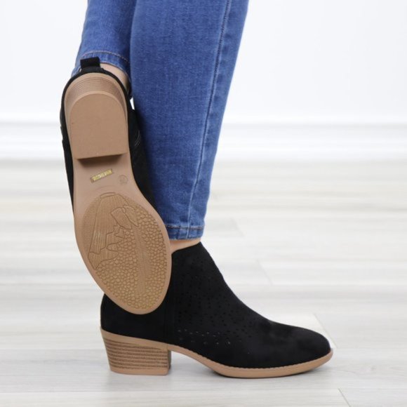 Shoes | Black Suede Ankle Boots Laser Cut Design | Poshmark